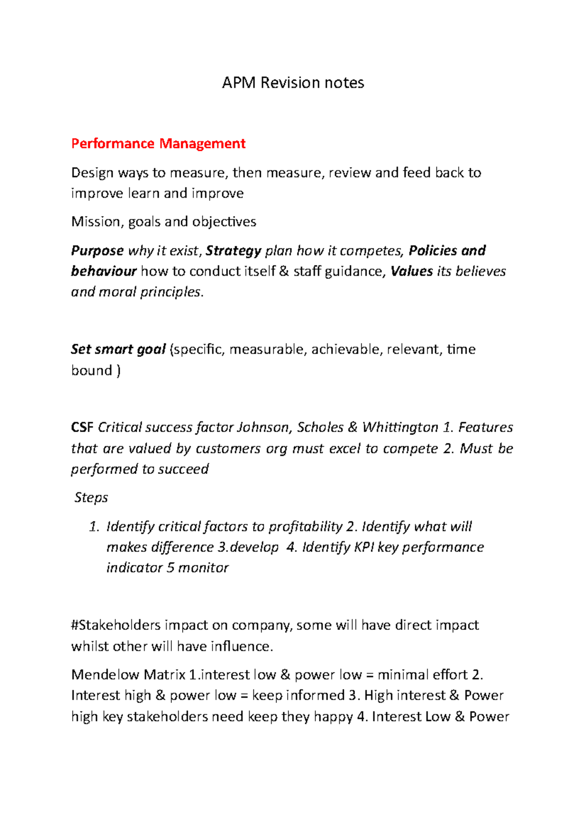 APM Revision notes - APM Revision notes Performance Management Design ...