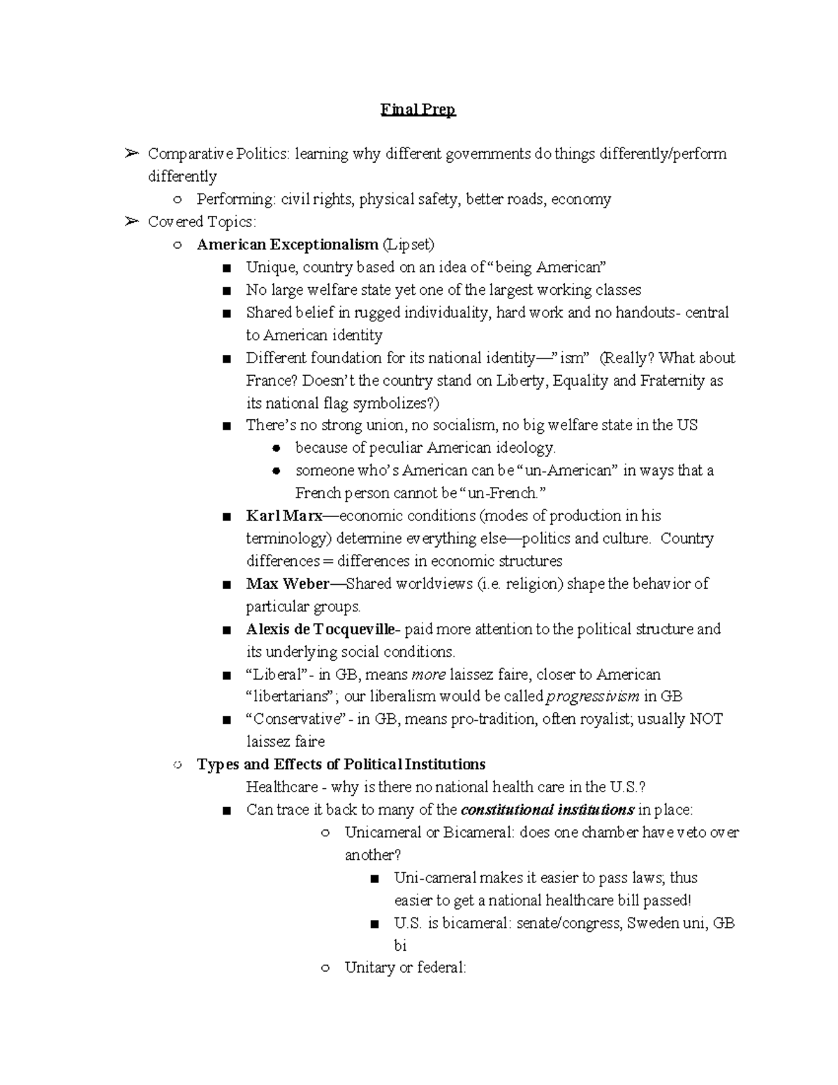 Final exam prep - Final Prep Comparative Politics: learning why ...