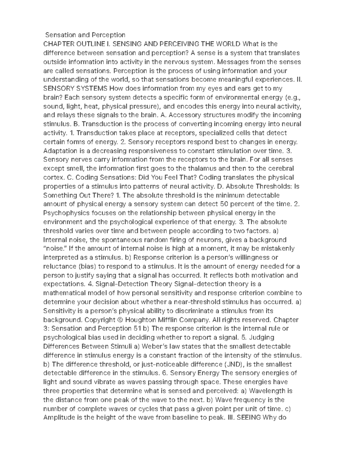 Sensation and Perception - Sensation and Perception CHAPTER OUTLINE I ...