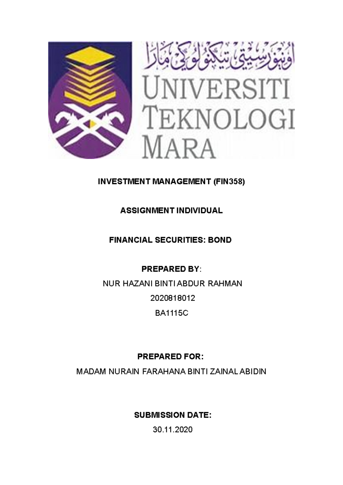 FIN358 Individual Assignment (BOND) - INVESTMENT MANAGEMENT (FIN358 ...