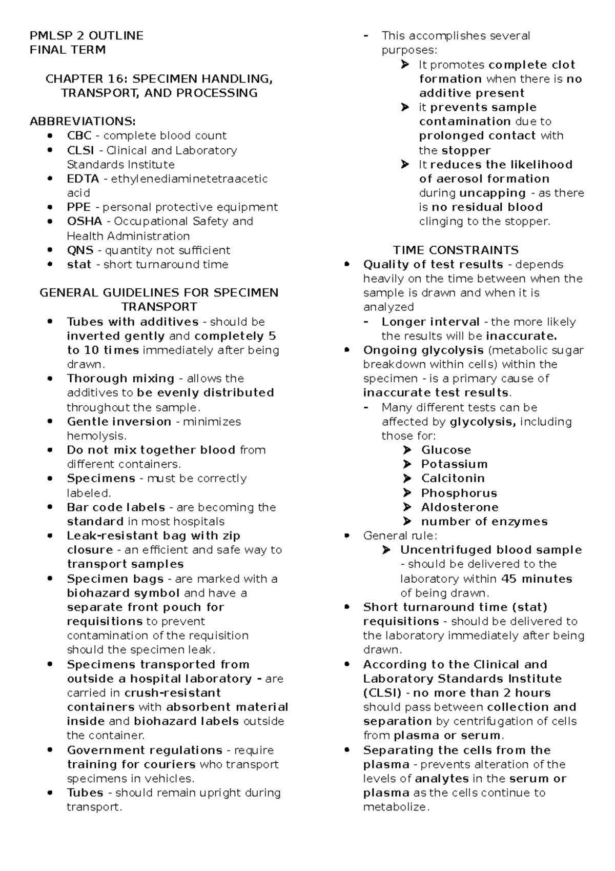 Specimen Handling, Tranport AND Processing ( Phlebotomy Outline ...