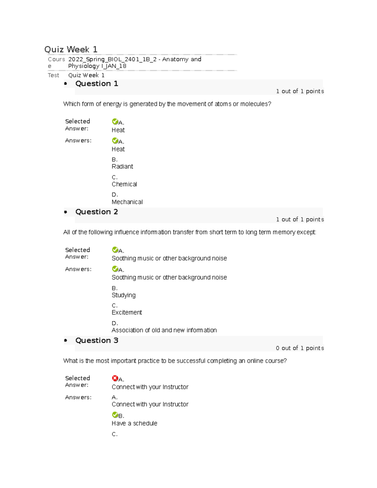 Quiz Week 1 BIOL 2401 - Quiz 1 - Quiz Week 1 Cours e 2022_Spring_BIOL_2401_1B_2 - Anatomy and ...