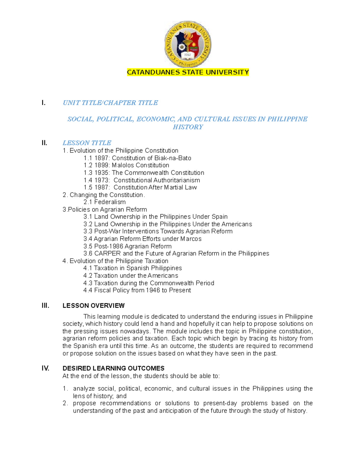 History-module-2 - History-module-2 - I. UNIT TITLE/CHAPTER TITLE ...