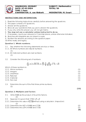 Baseline TEST Grade 9 TERM1 2024 - MATHEMATICS BASELINE TEST: JANUARY ...