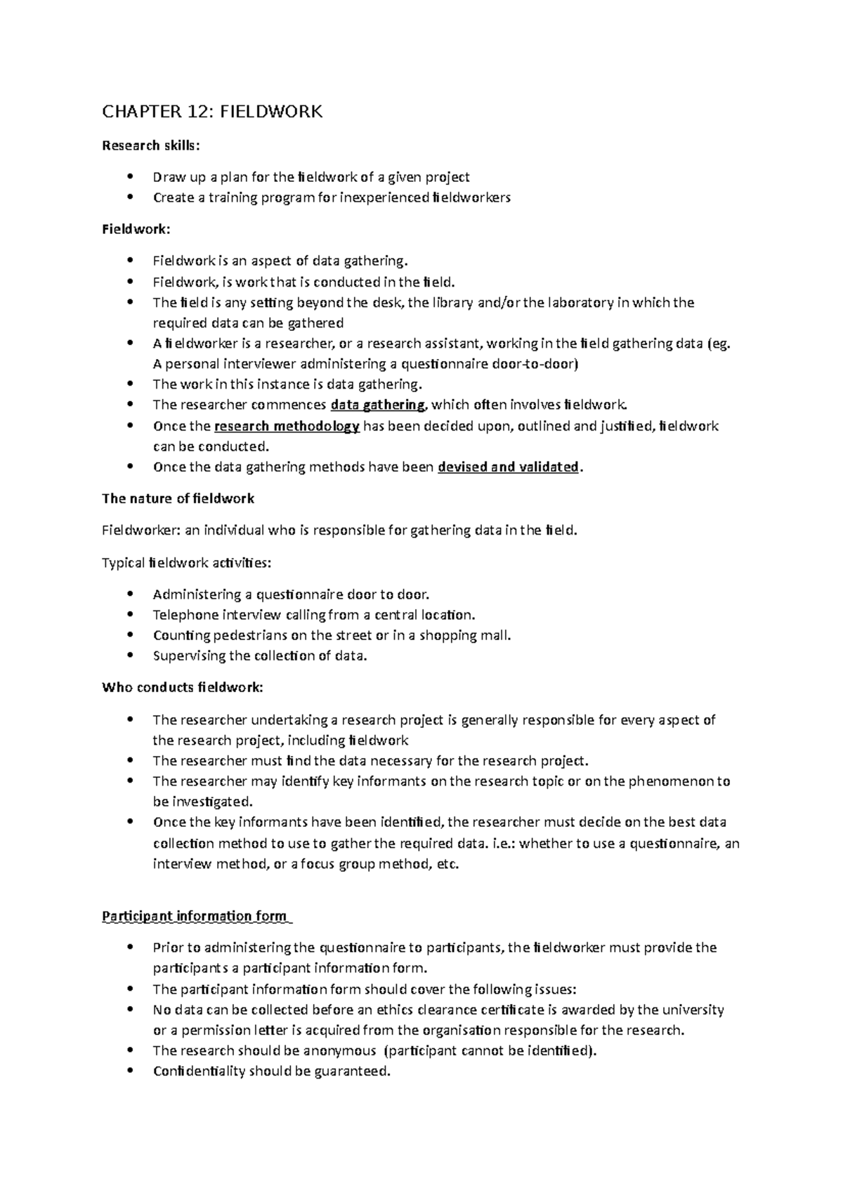 BEM 314 Chapter 12 - CHAPTER 12: FIELDWORK Research skills: Draw up a ...