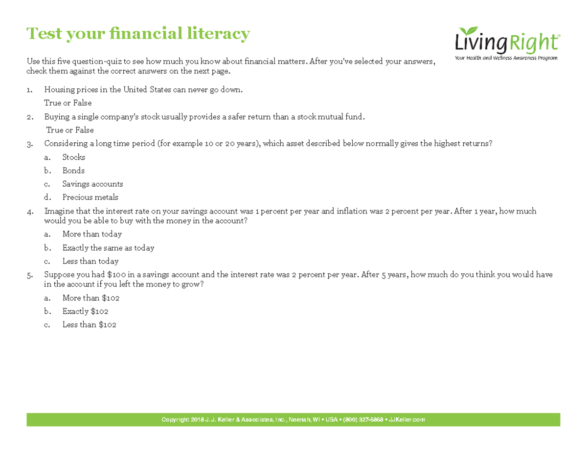 An assessment on your Financial Literacy - Quiz - Accountancy - Xavier ...
