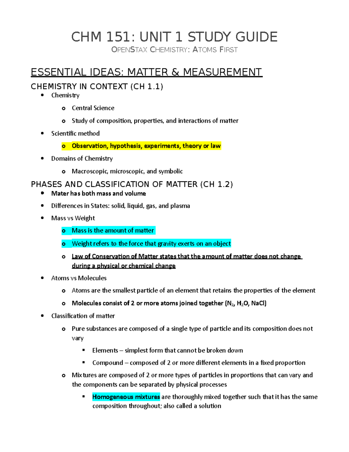 CHM unit 1 study guide - CHM 151: UNIT 1 STUDY GUIDE OPENSTAX CHEMISTRY ...