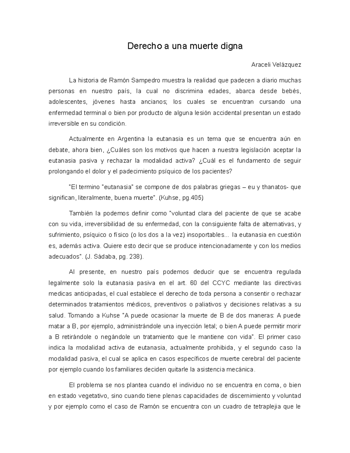 Ensayo eutanasia - Derecho a una muerte digna Araceli Velázquez La ...