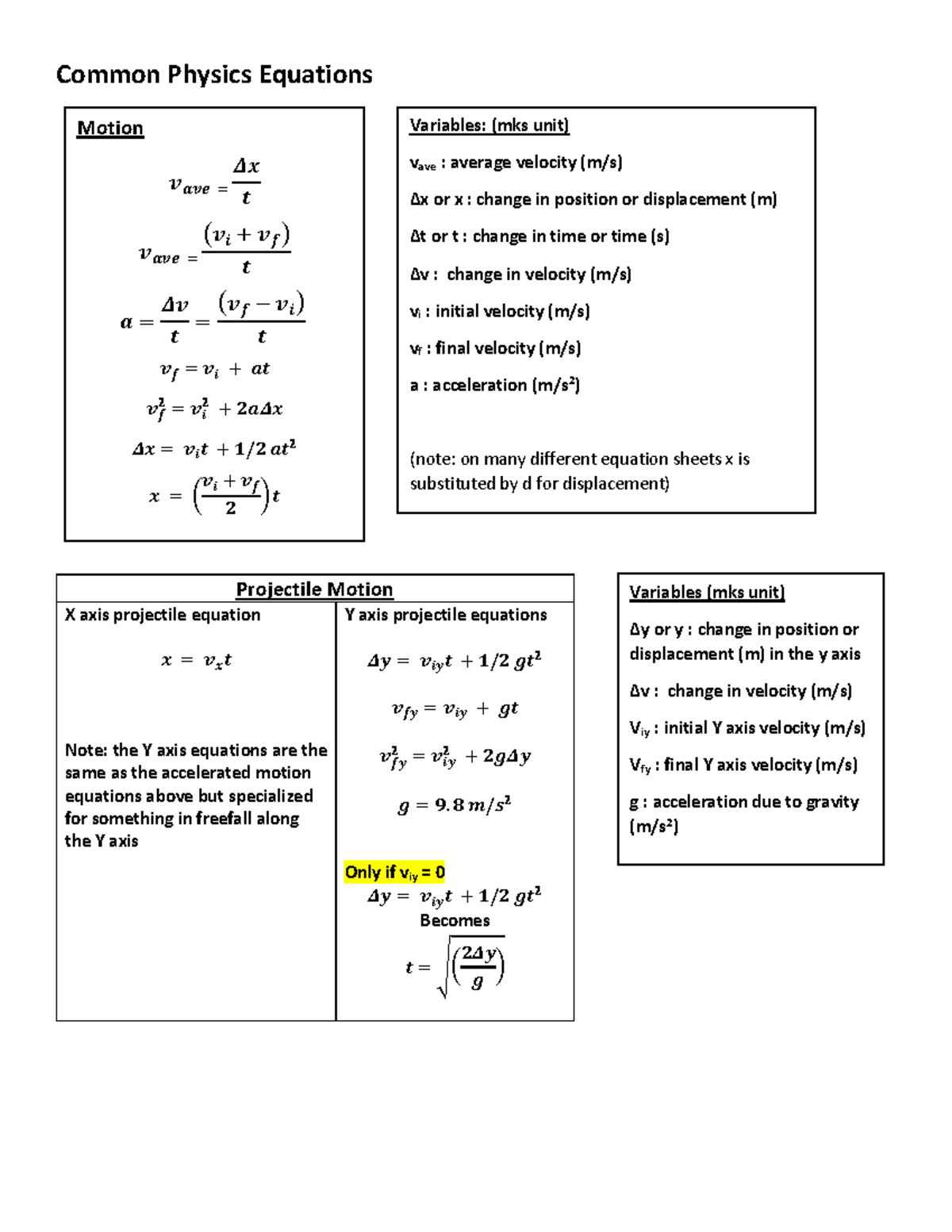 Physics-Equations version 5 Updated for Use - MATH 541 - UArizona - Studocu