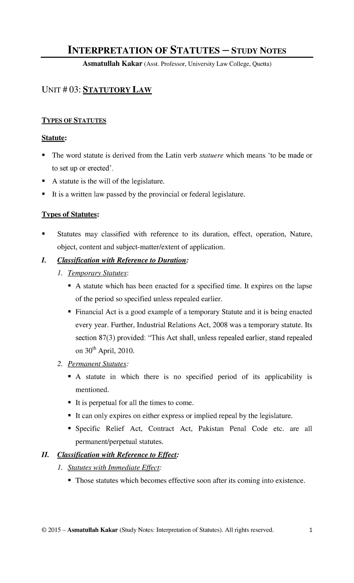 Unit # 03 Types of Statutes are available in - INTERPRETATION OF ...