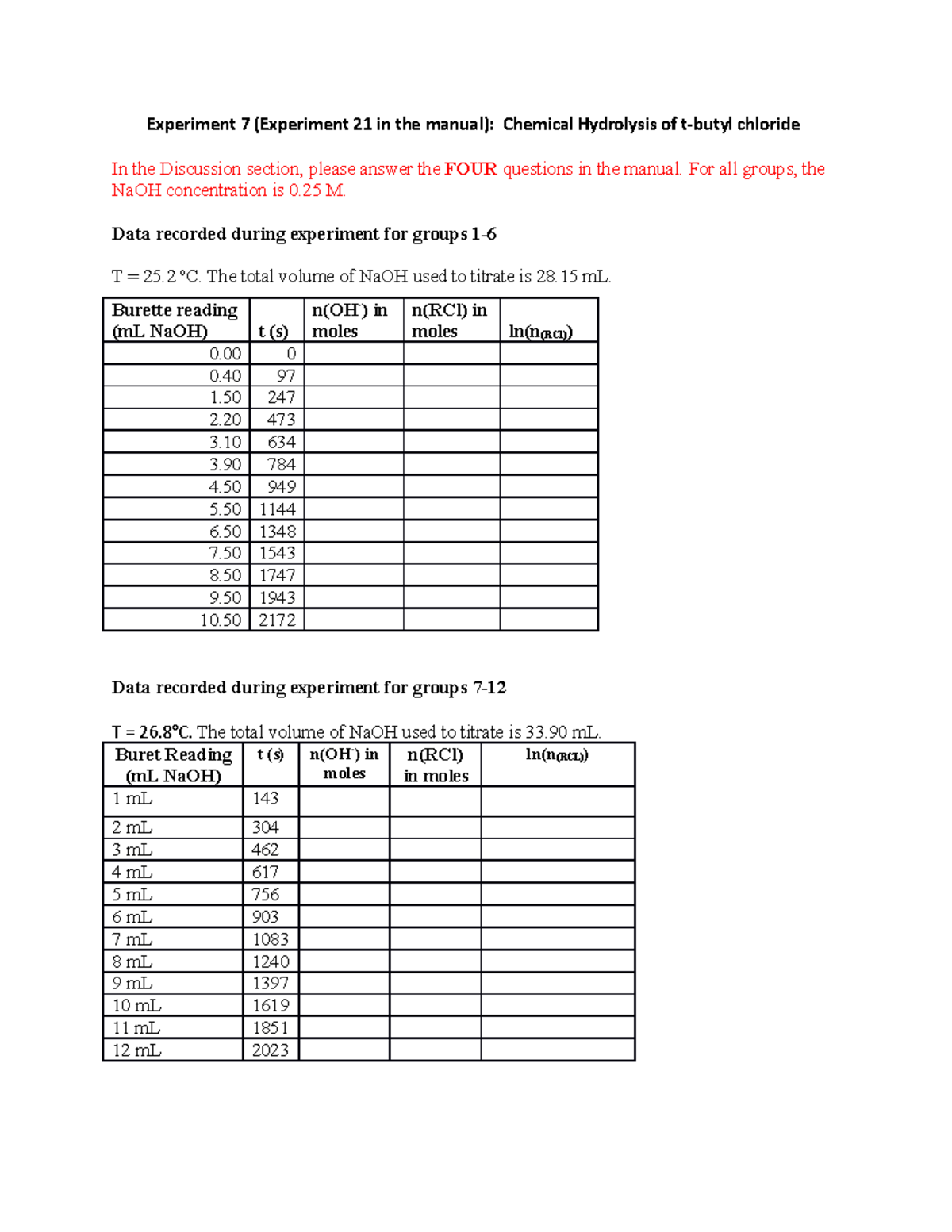 Exp 7 Kinetics Lab data and questions - Experiment 7 (Experiment 21 in ...