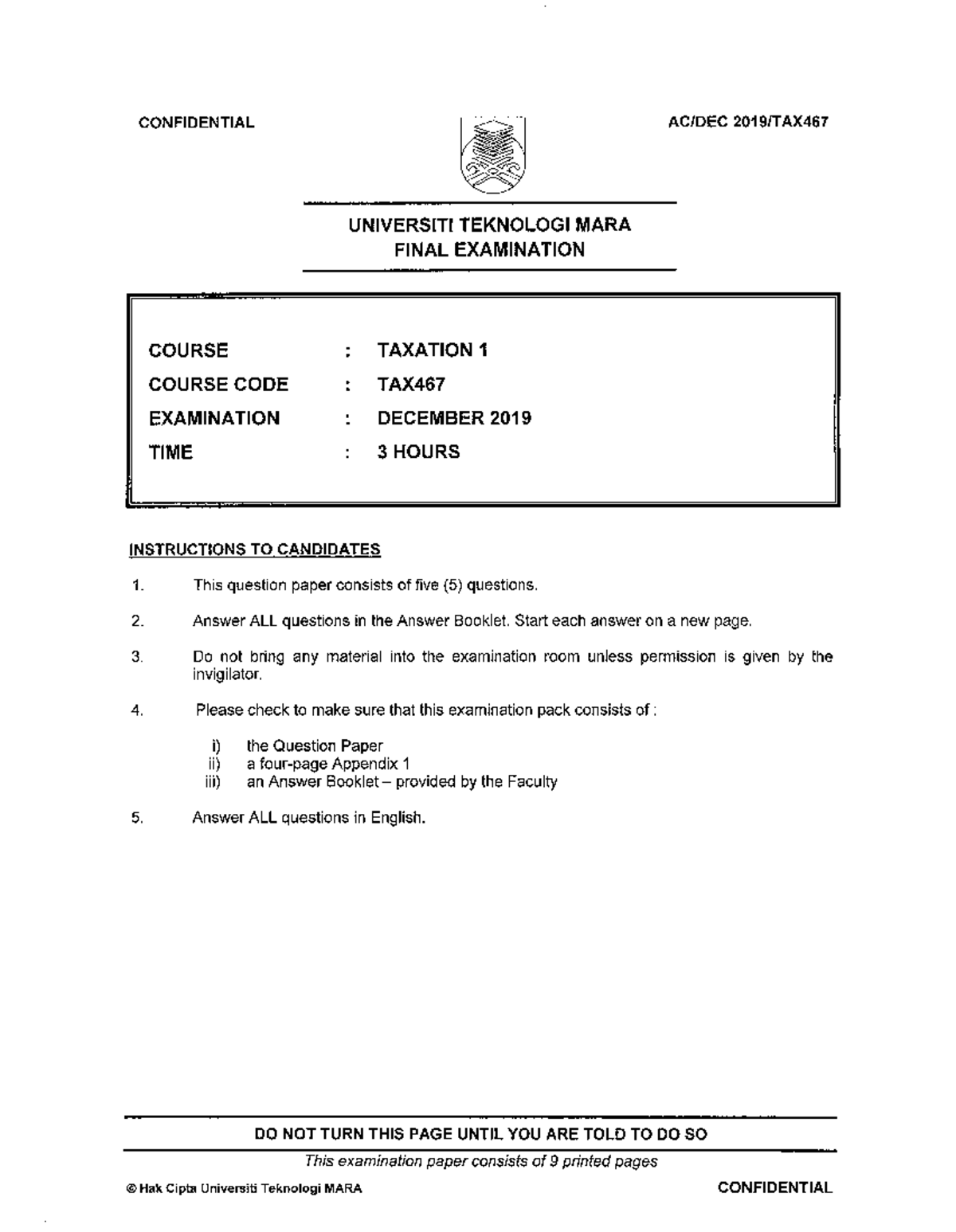 Past Year Exam Paper for TAX467 DEC 2019 - UNIVERSITITEKNOLOGIMARA ...