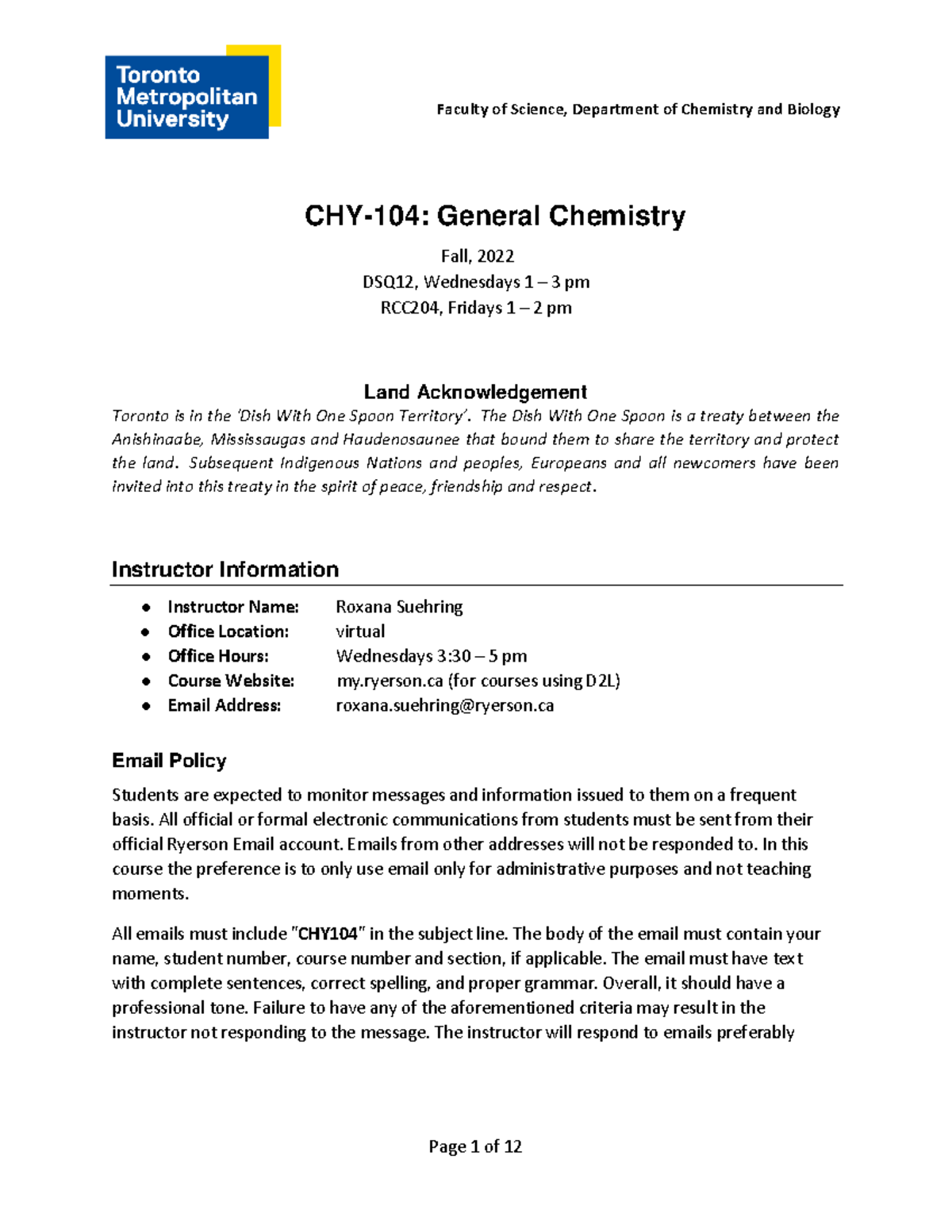 CHY-104 Course Outline - Faculty of Science, Department of Chemistry ...