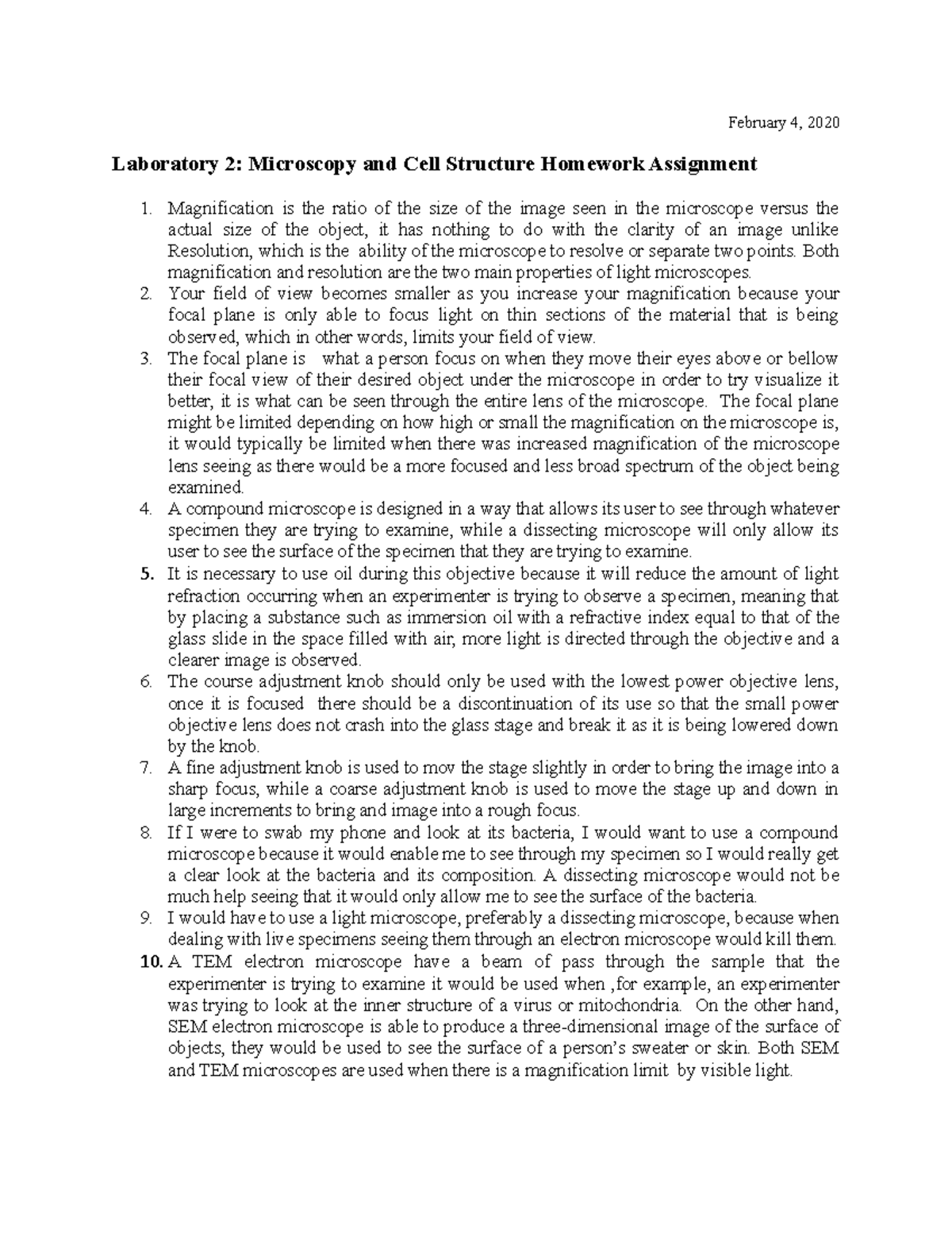 BIO Lab 2 Homework - February 4, 2020 Laboratory 2: Microscopy and Cell ...