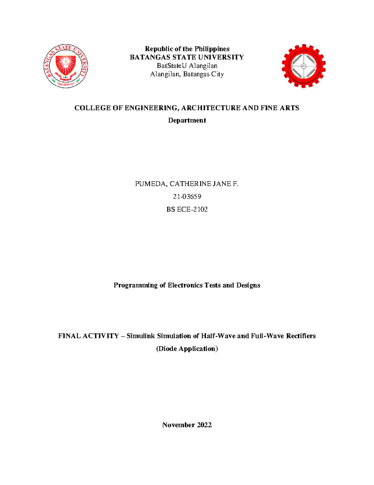 Final Activity Simulink Simulation of Half-Wave and Full-Wave Rectifiers - Republic of the - Studocu