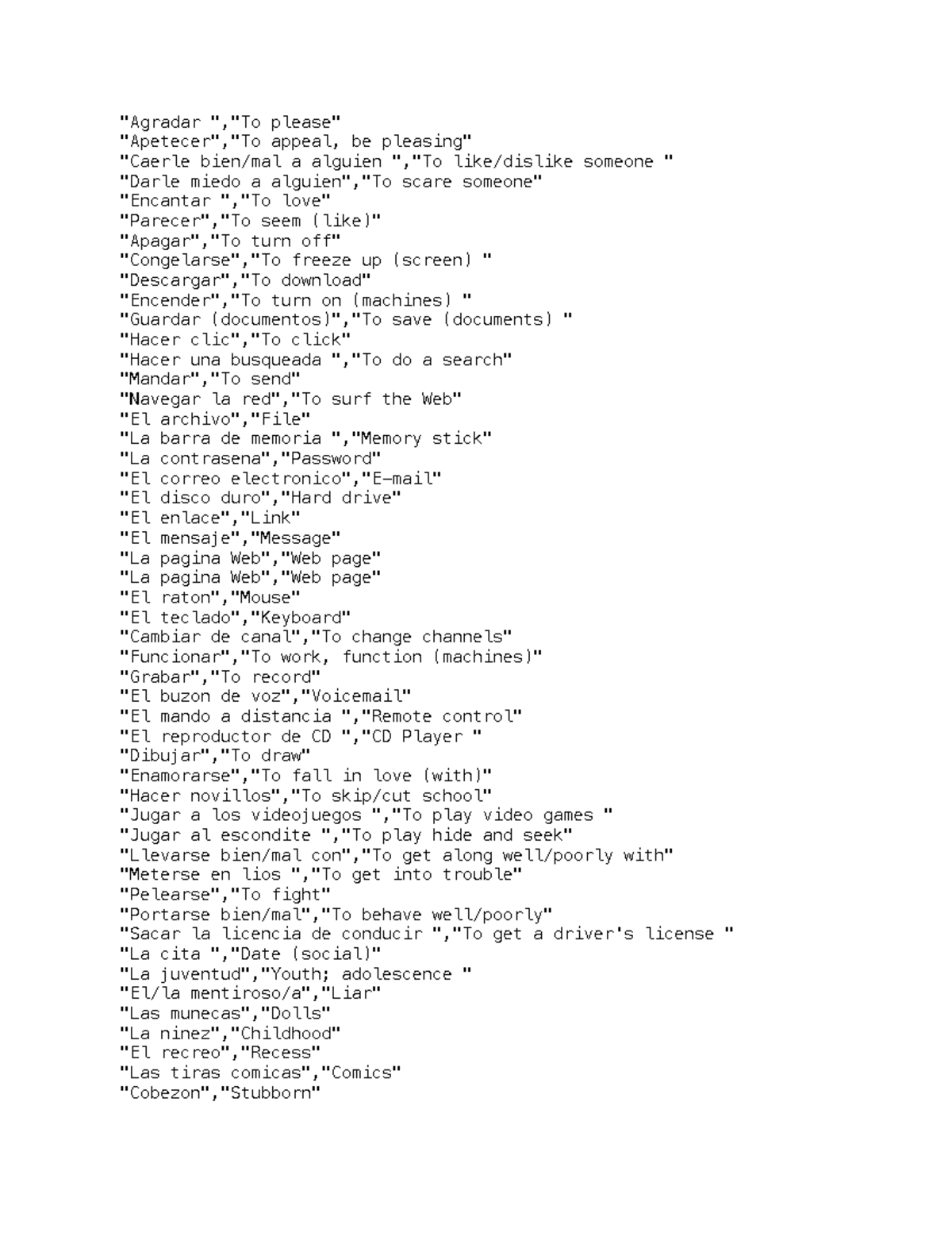 Export 5a vocabulary - First-Year Spanish (Part I) - "Agradar ","To ...