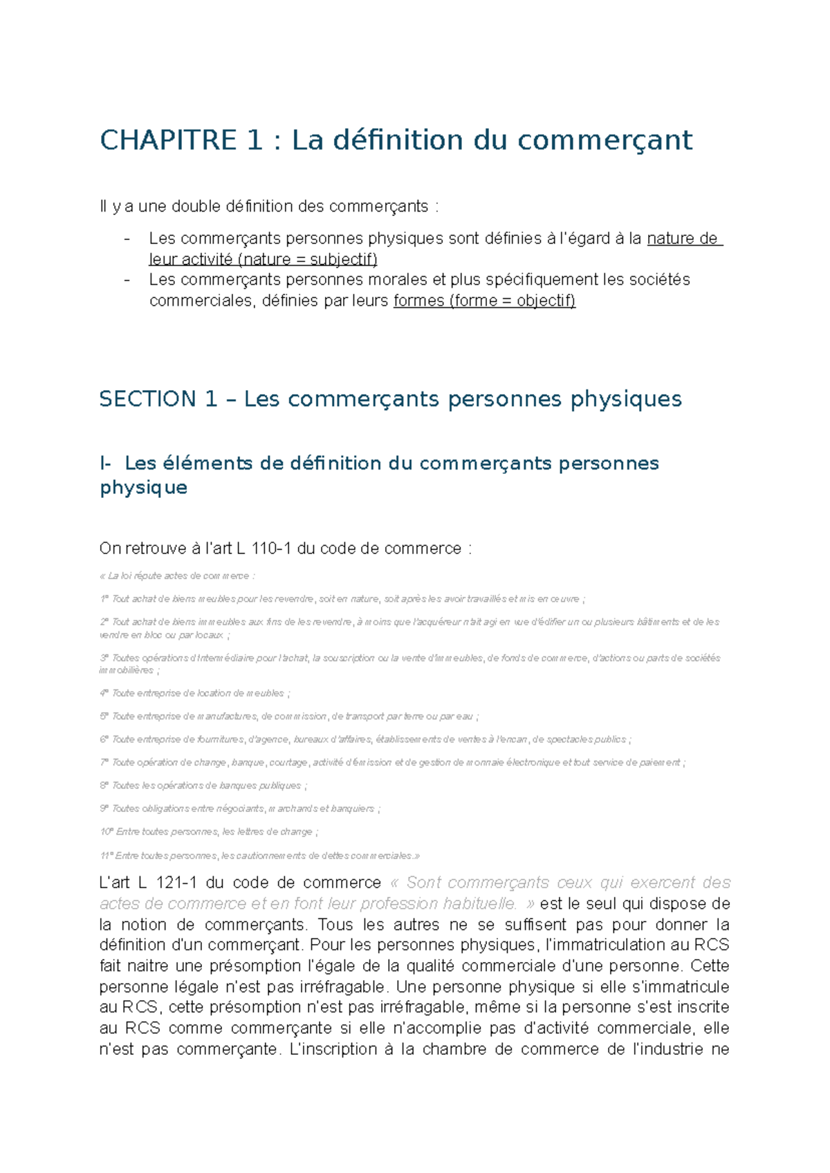 Droit commercial - Chapitre 1 - la definition du commerçant - CHAPITRE ...