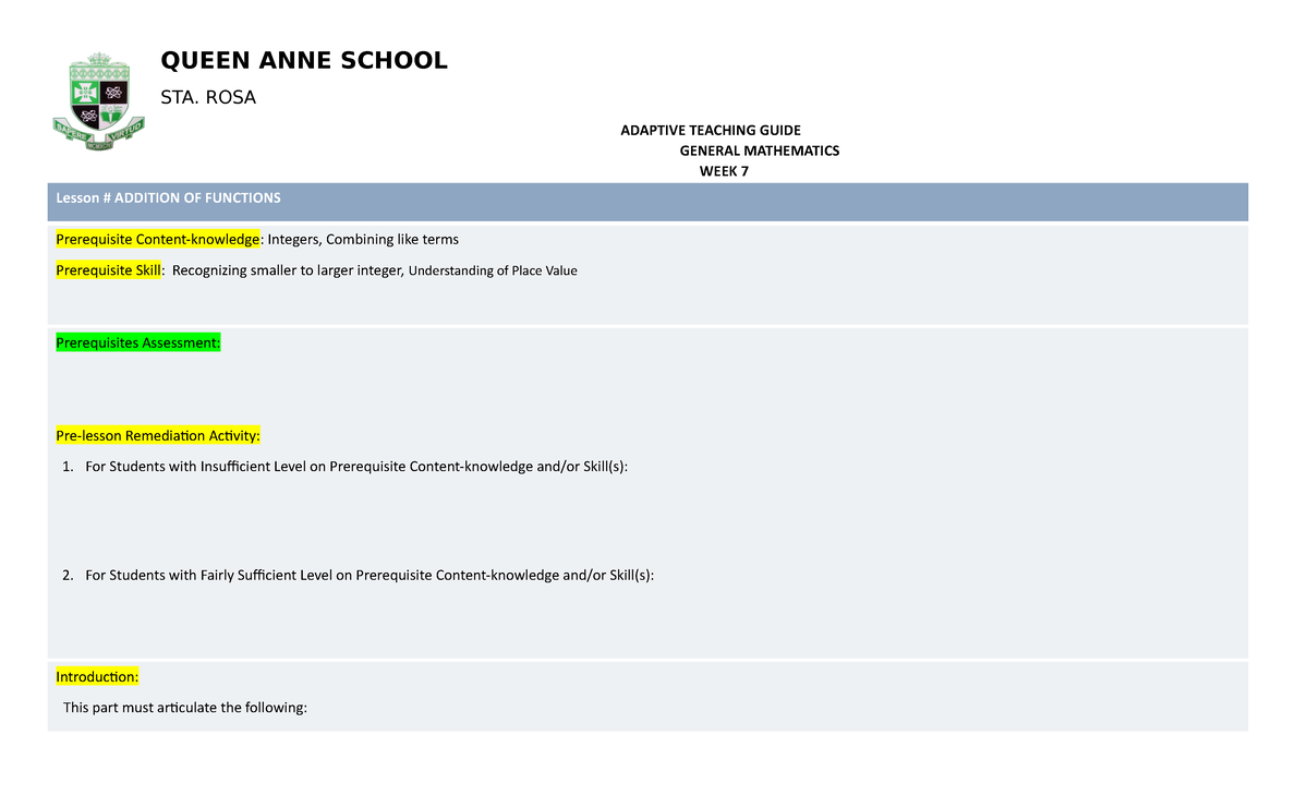 Adaptive Teaching Guide Template - QUEEN ANNE SCHOOL STA. ROSA ADAPTIVE ...