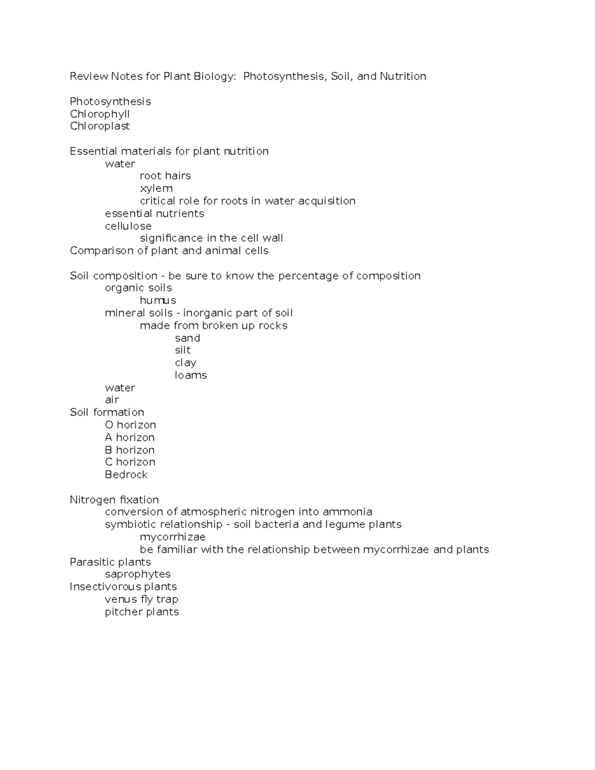 Review Notes for Photosynthesis, Soil, and Nutrition WORD - Review ...