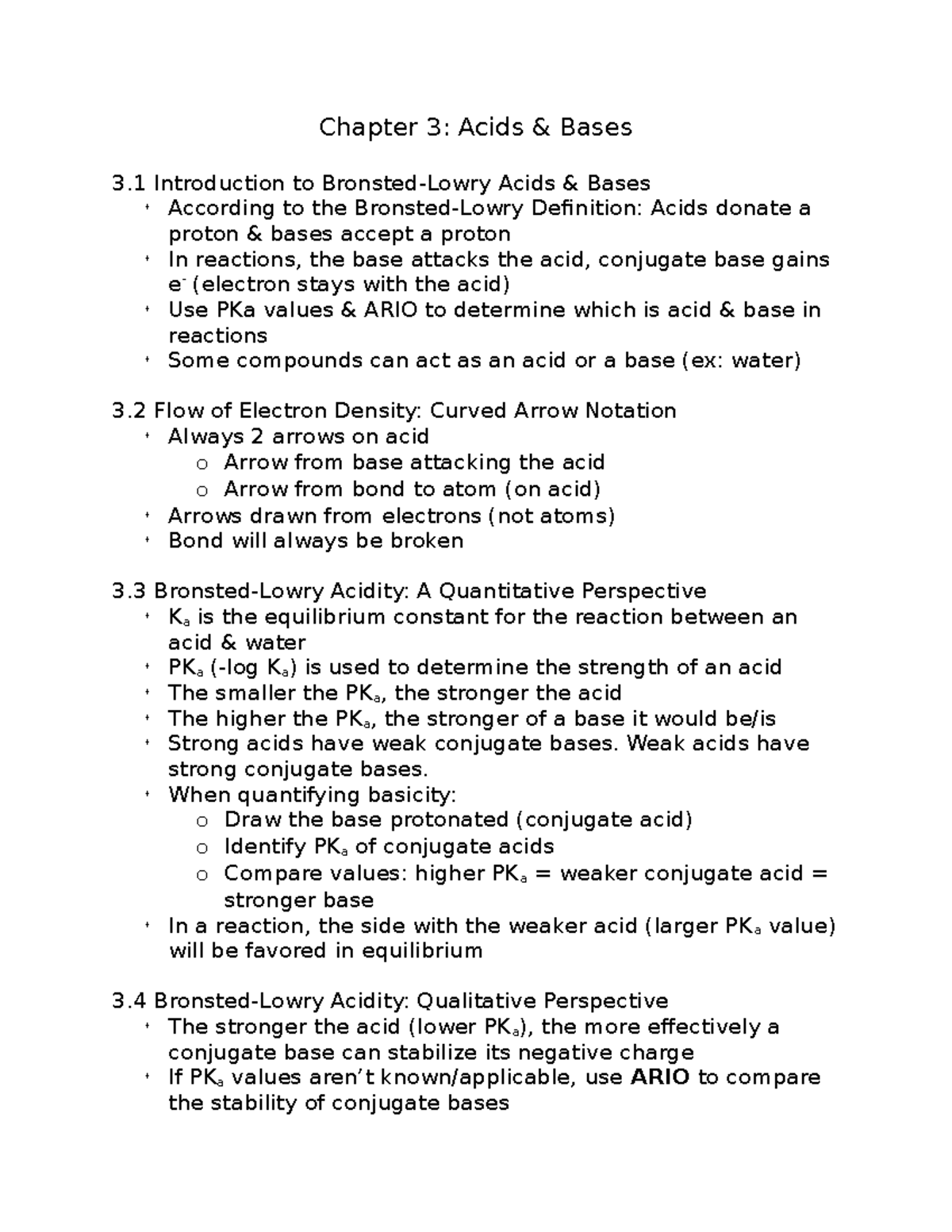 Ch 3 Outline - Summary Organic Chemistry I - Chapter 3: Acids Bases 3 ...