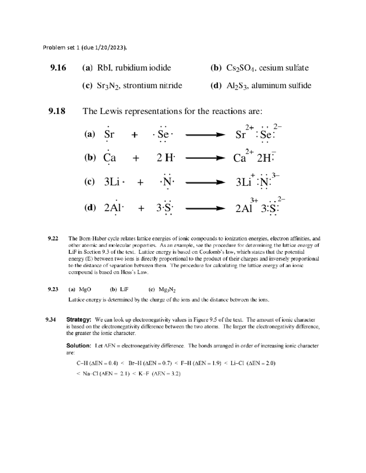 Problem Set 1 answer - homework - Problem set 1 (due 9 (a) RbI ...
