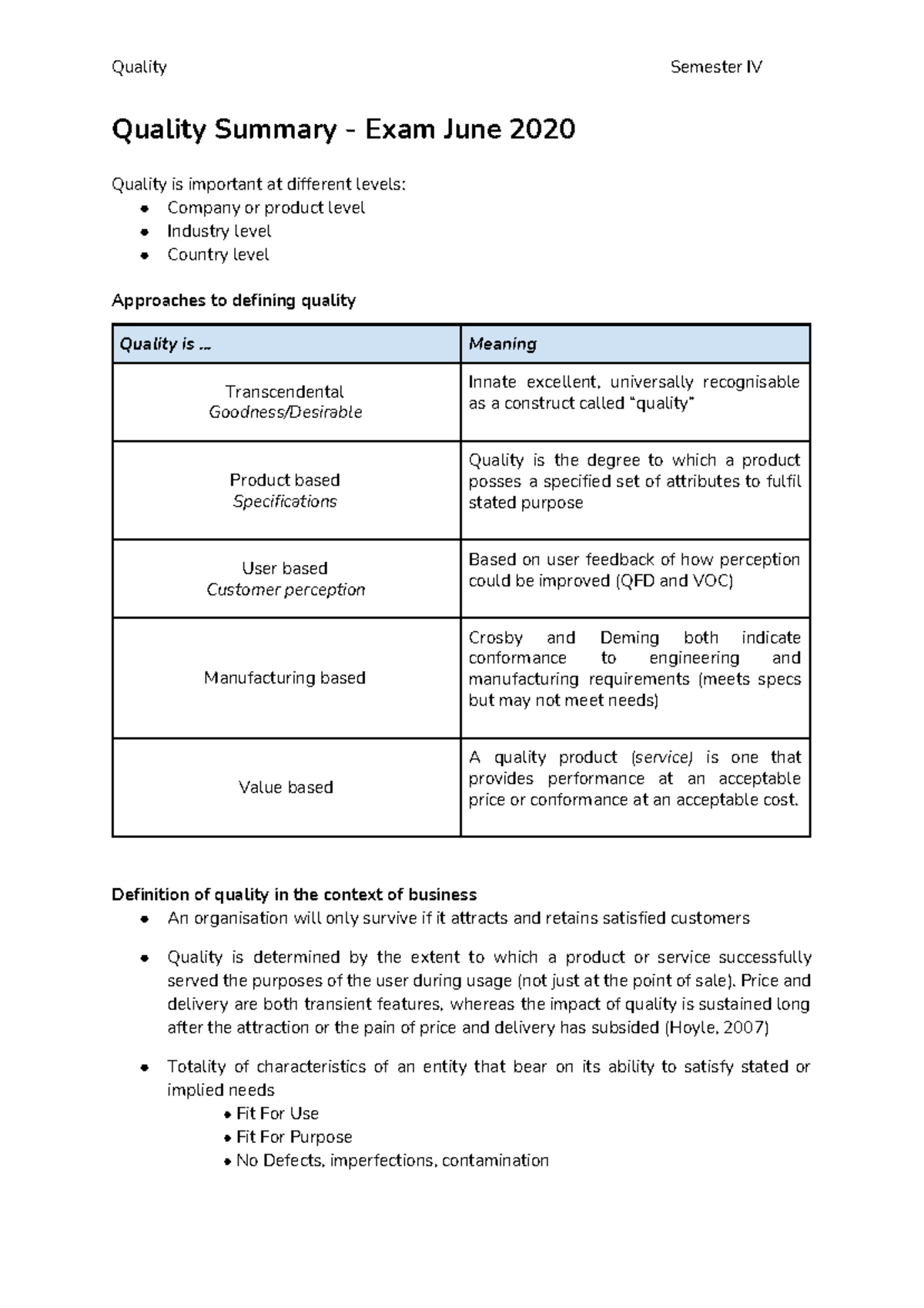 Quality Final summary - Quality Summary - Exam June 2020 Quality is ...