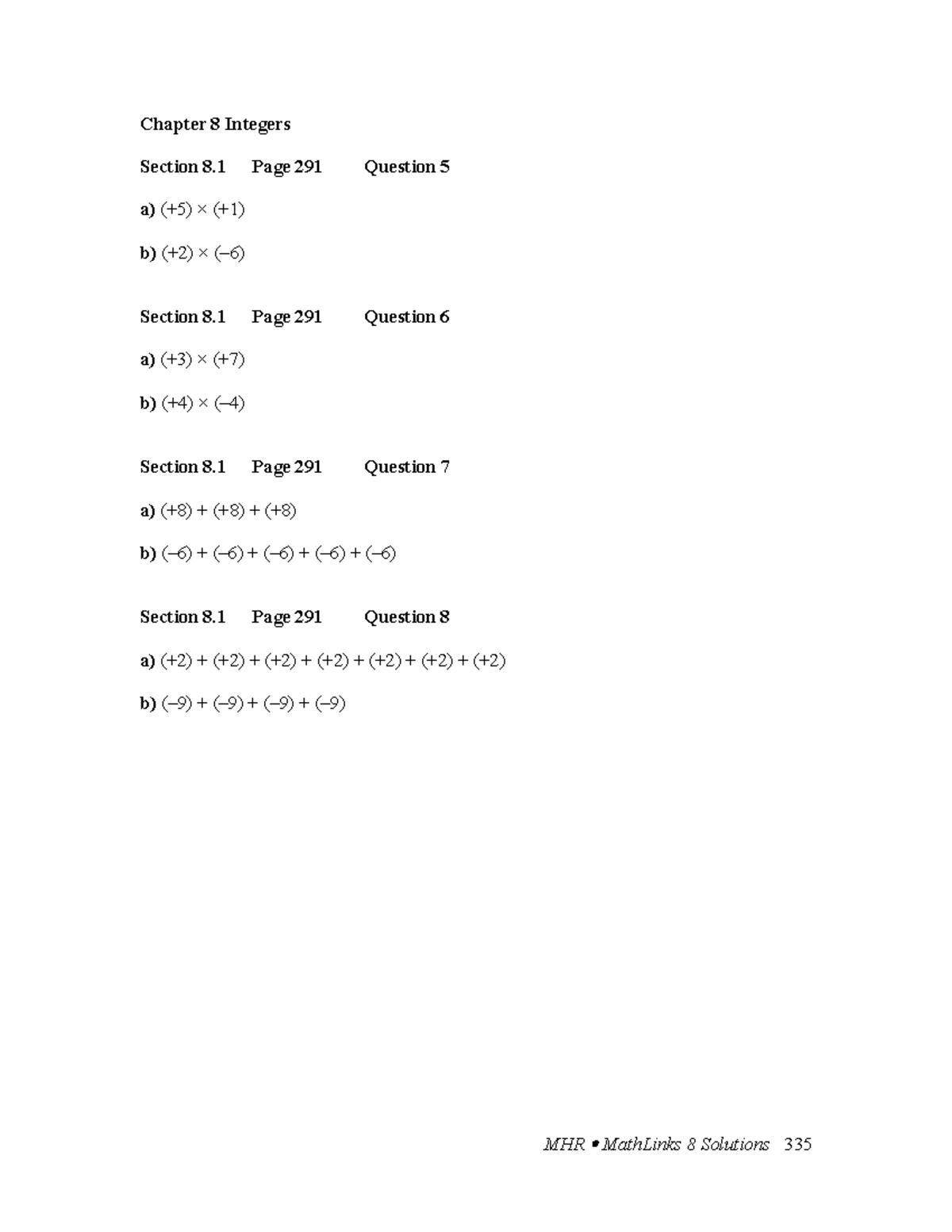 Ml8 ch 8 solutions - bladhsakdhskakdhaskjd - Chapter 8 Integers Section 8 Page 291 Question 5 a ...