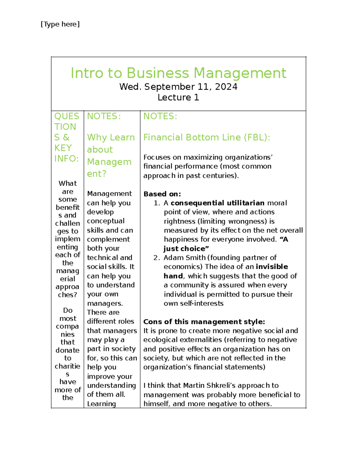 Intro to Business Management - September 11, 2024 Lecture 1 QUES TION S ...