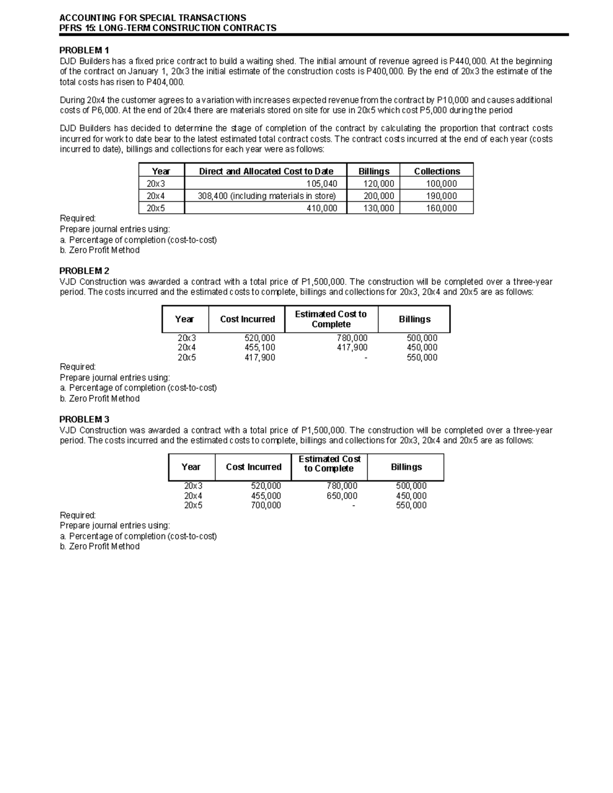 Construction-Contracts-Problems - ACCOUNTING FOR SPECIAL TRANSACTIONS PFRS 15: LONG-TERM - Studocu