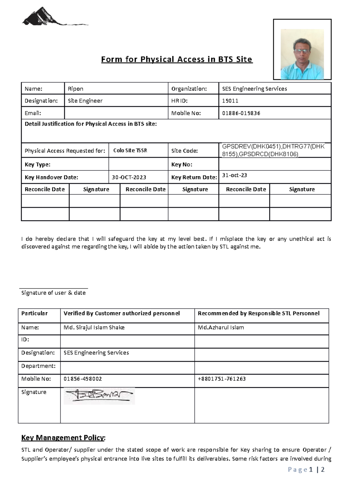 36661 STL Access Form Ripon - Form for Physical Access in BTS Site Name ...