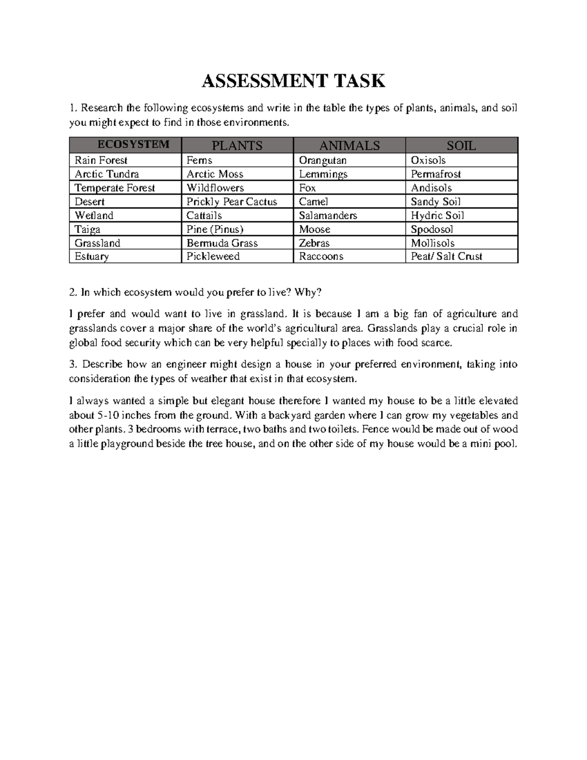 Assessment TASK - ASSESSMENT TASK Research the following ecosystems and ...