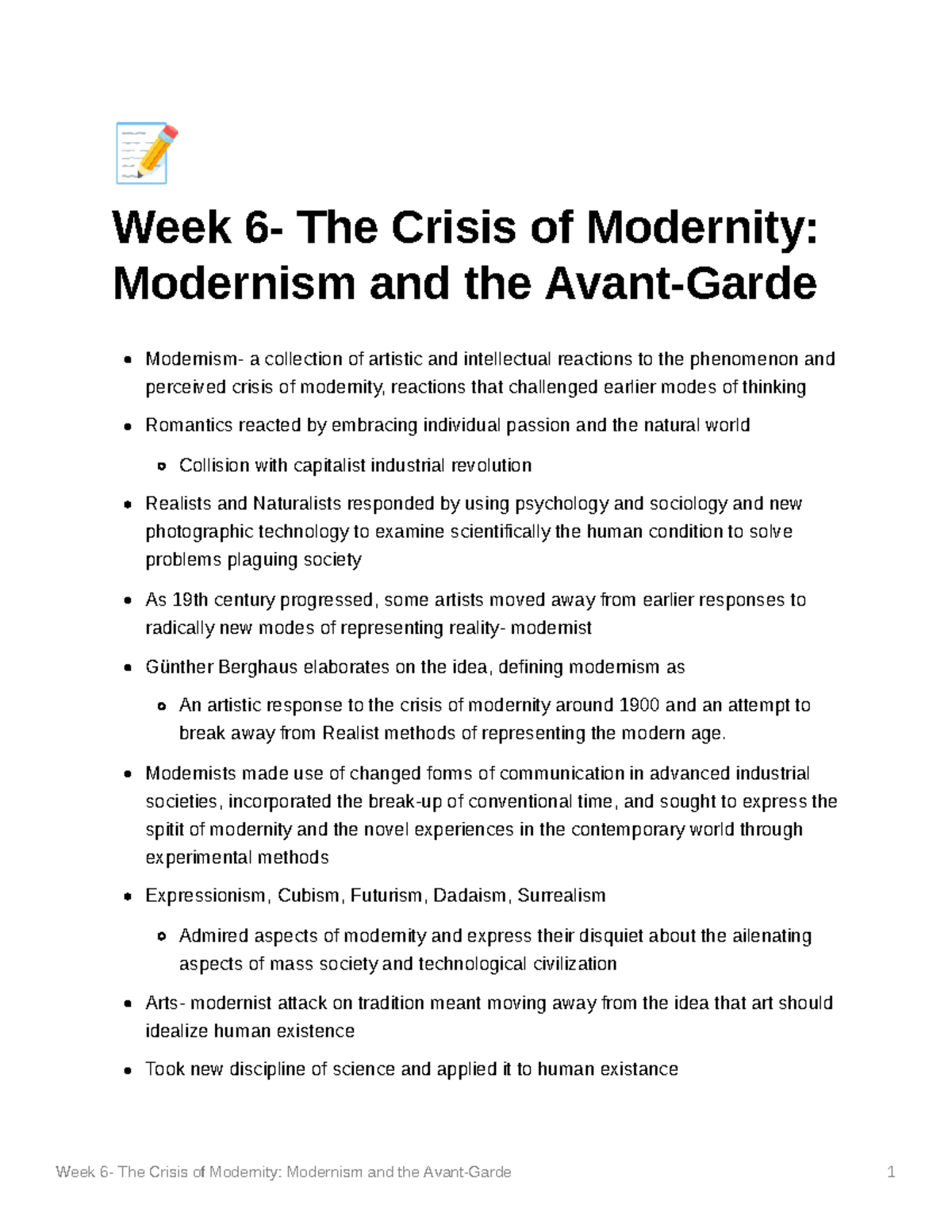 Week 6- The Crisis of Modernity Modernism and the Avant-Garde - 📝 Week ...