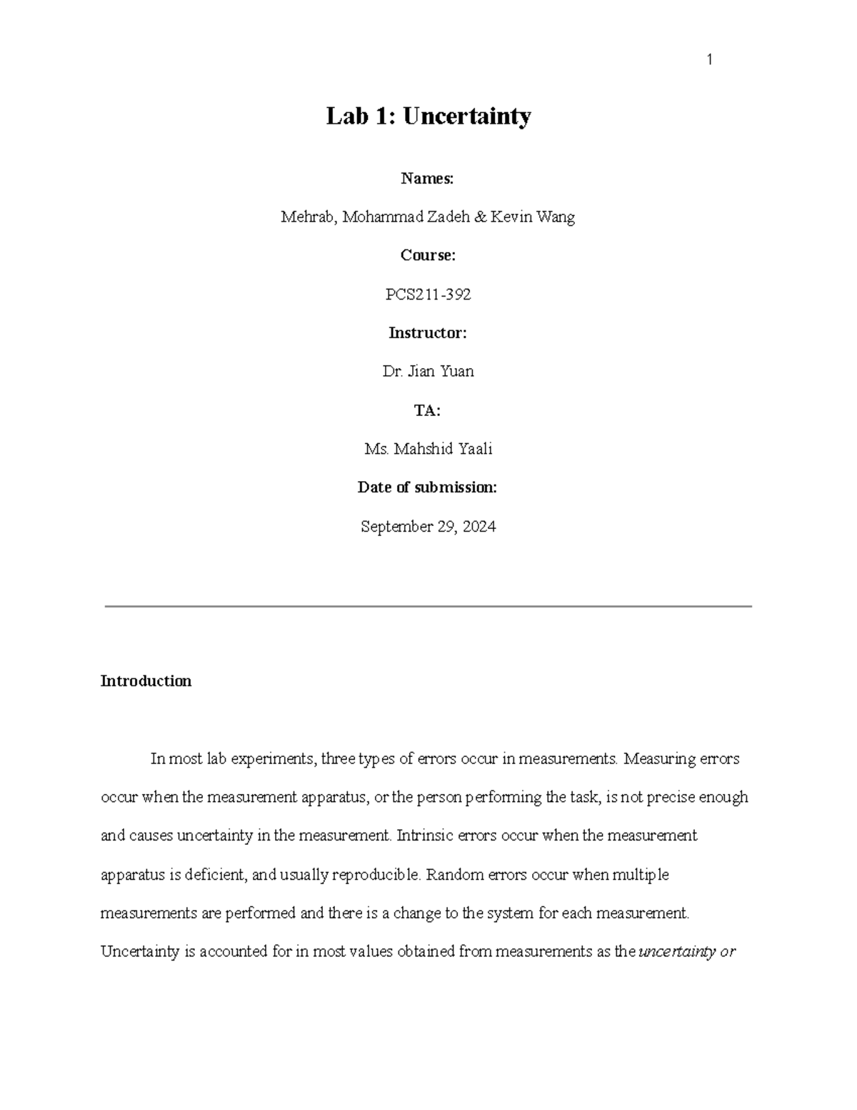Lab 1 Uncertainty Report Sept 23, 2024 - Lab 1: Uncertainty Names ...