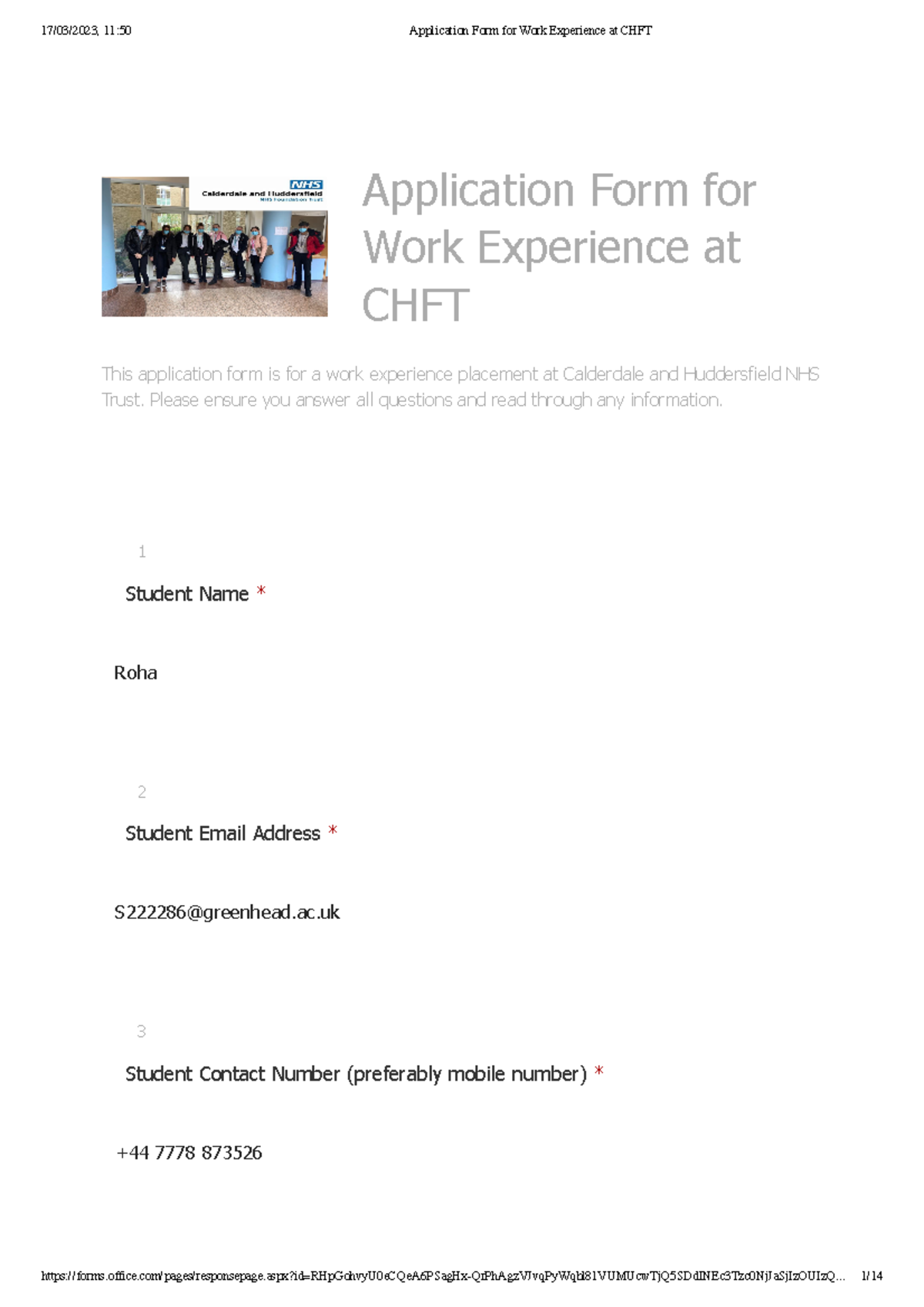 Application Form for Work Experience at CHFT - - Studocu