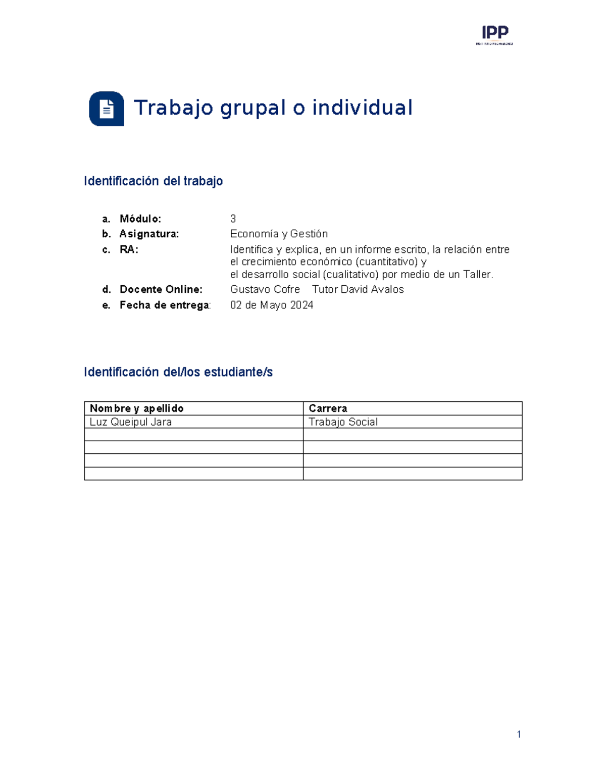 Trabajo M3 Economia y Gestion - Trabajo grupal o individual ...