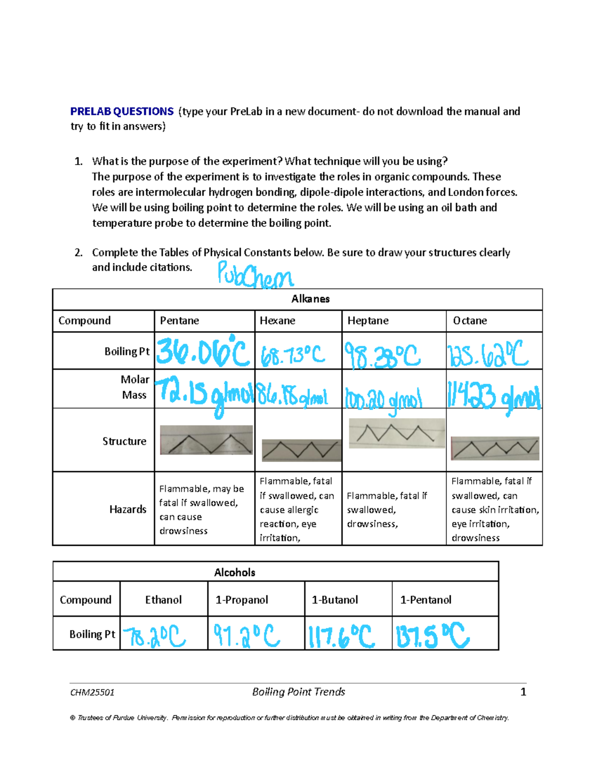 03 Boiling Point - this is week 3 pre-lab - CHM25501 Boiling Point Trends 1 PRELAB QUESTIONS ...