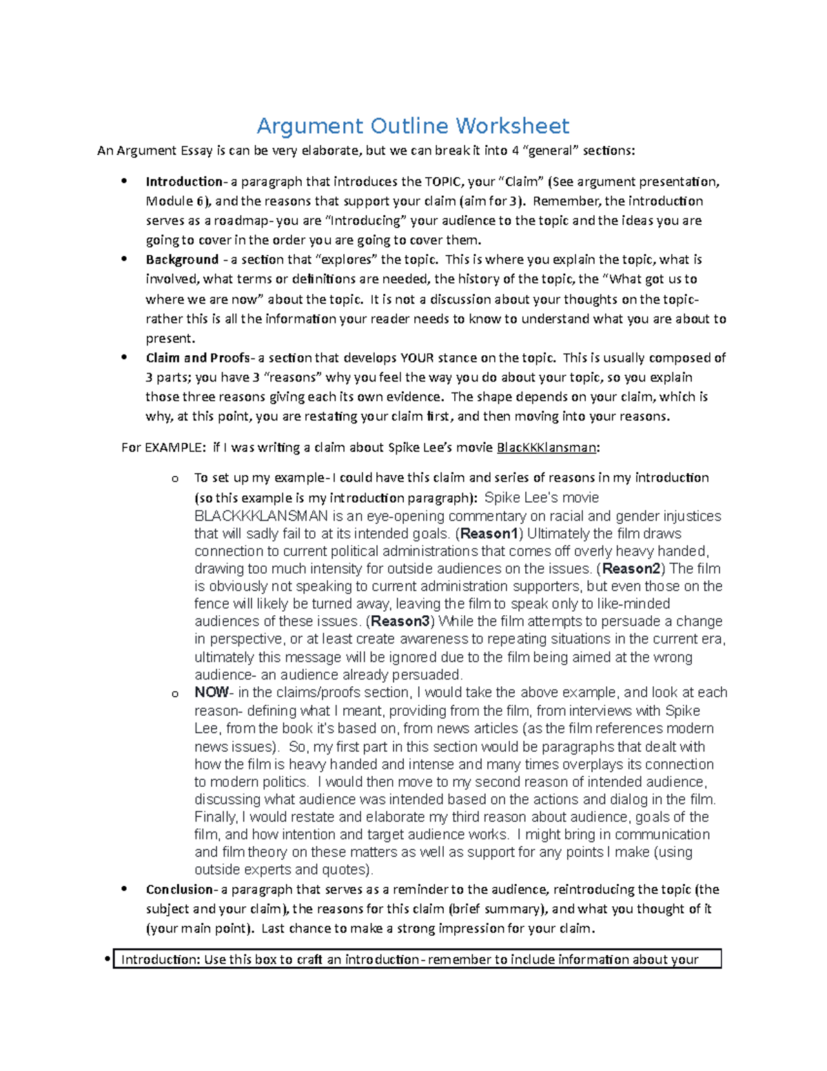 Argument Outline Worksheet - Remember, the introduction serves as a ...