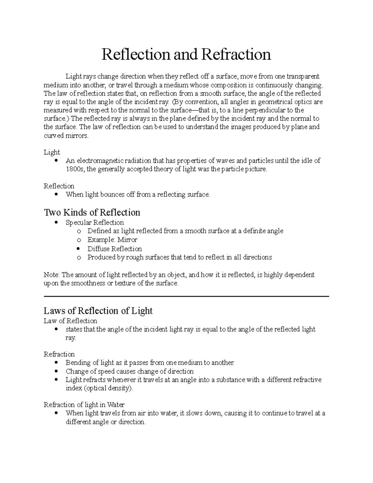 Grade 10 Science Summary Notes: Reflection and Refraction - Reflection ...