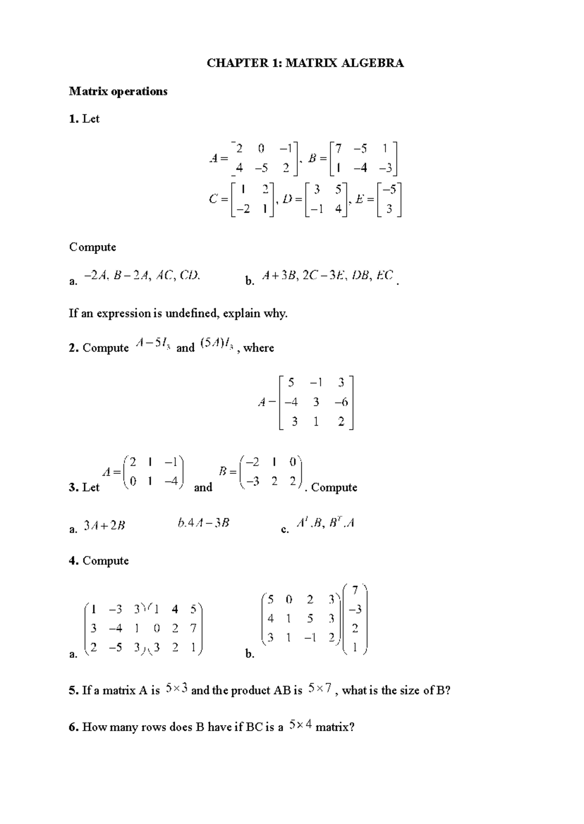 Linear Algebra - Exercises - CHAPTER 1: MATRIX ALGEBRA Matrix ...