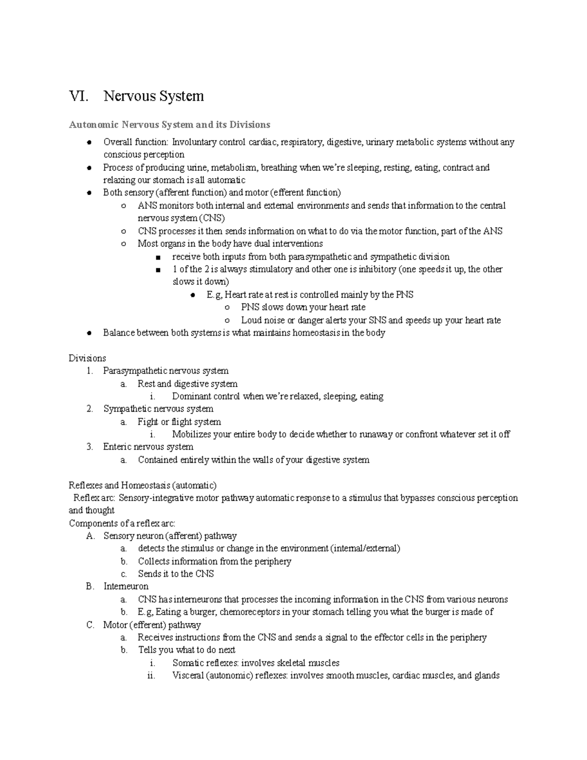 A&P II Nervous System Notes - VI. Nervous System Autonomic Nervous ...