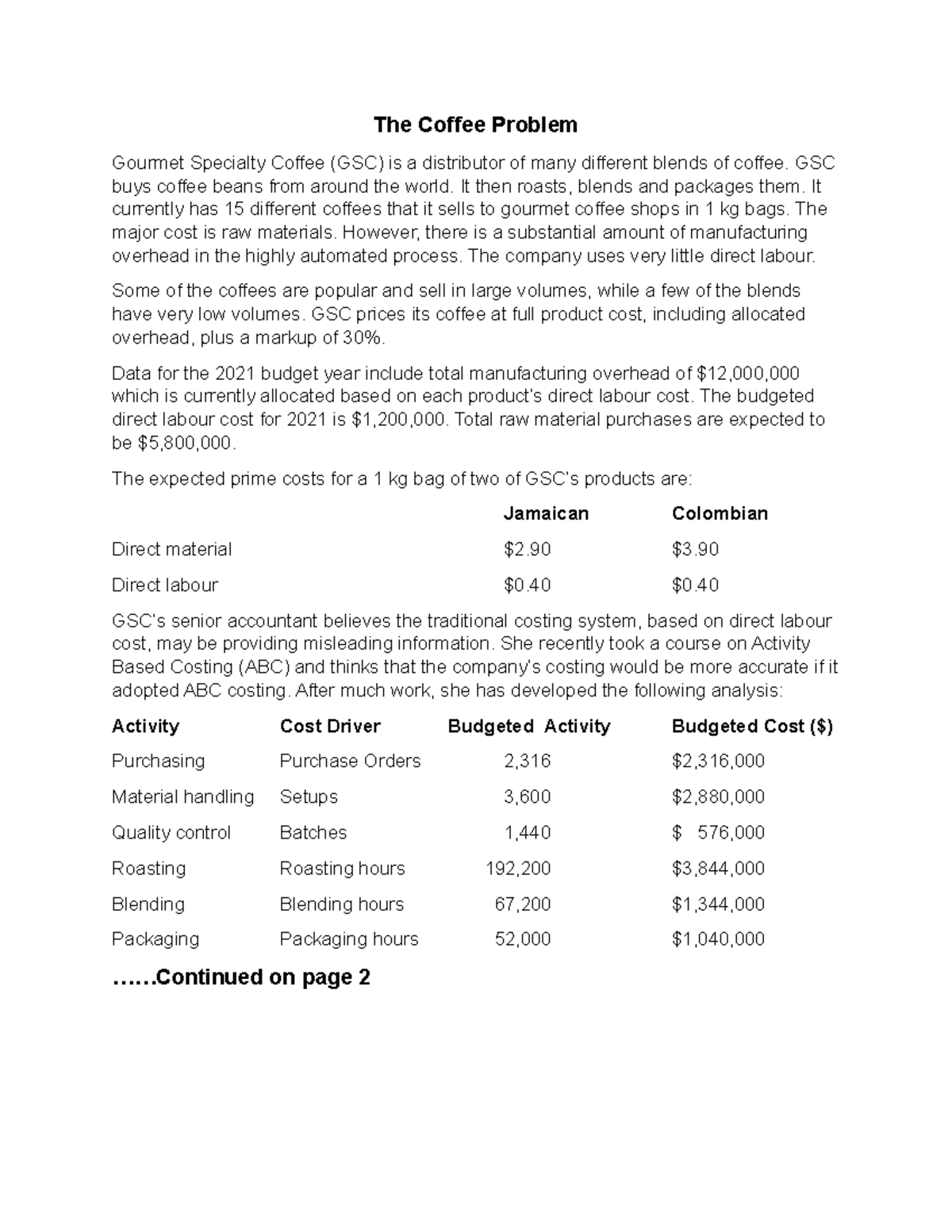 The Coffee Problem - Costing system: Predetermined overhead rate ...
