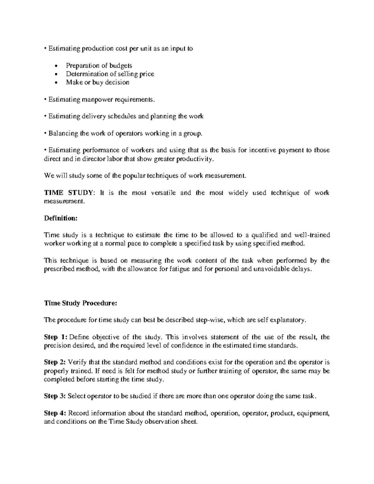 TIME Study - Estimating production cost per unit as an input to ...