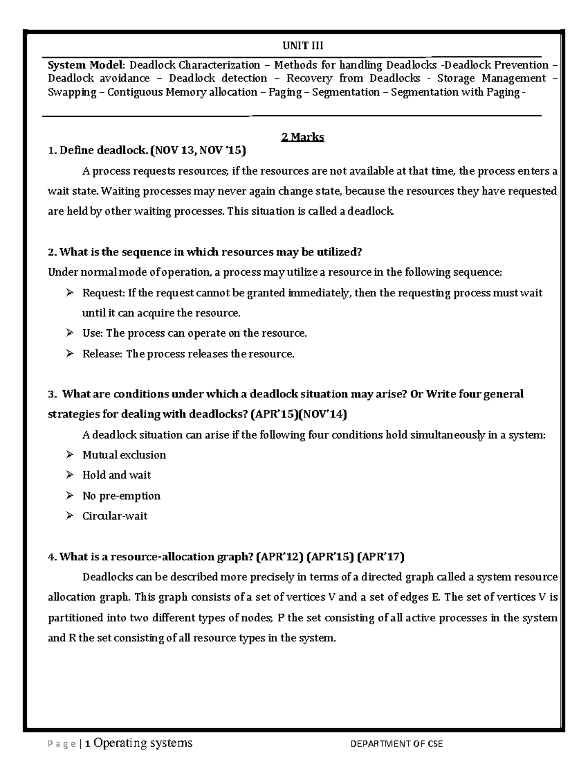 OS(U3) - UNIT III System Model: Deadlock Characterization – Methods for handling Deadlocks ...