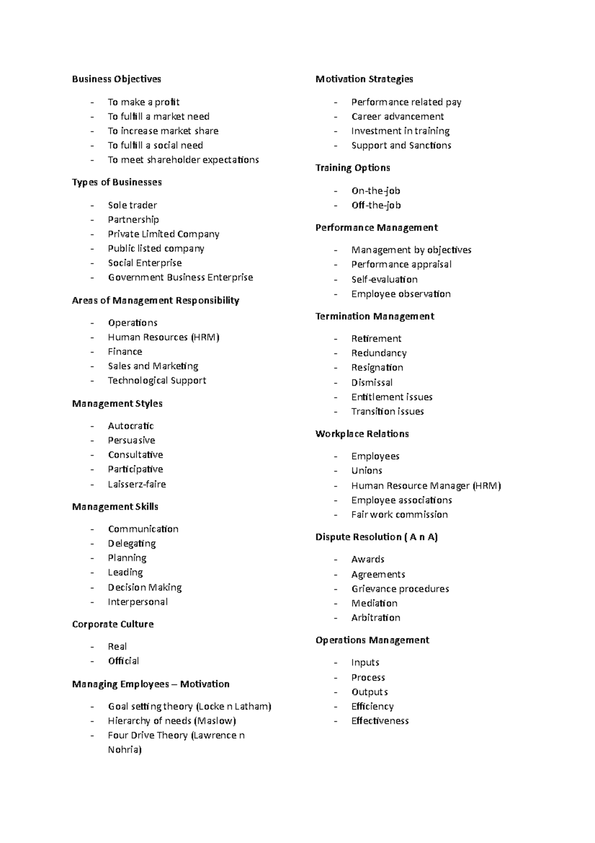 Summary of everything (BM) - Business Objectives To make a profit To ...