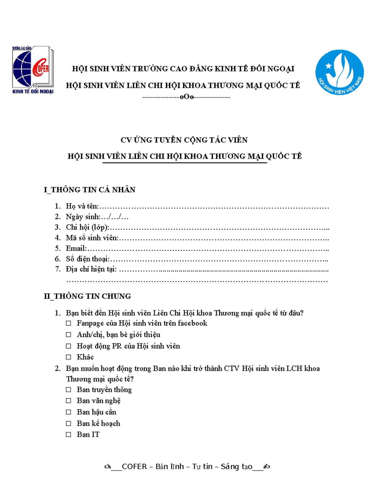 HSV CV - Snnsbs - CV ỨNG TUYỂN CỘNG TÁC VIÊN HỘI SINH VIÊN LIÊN CHI HỘI ...