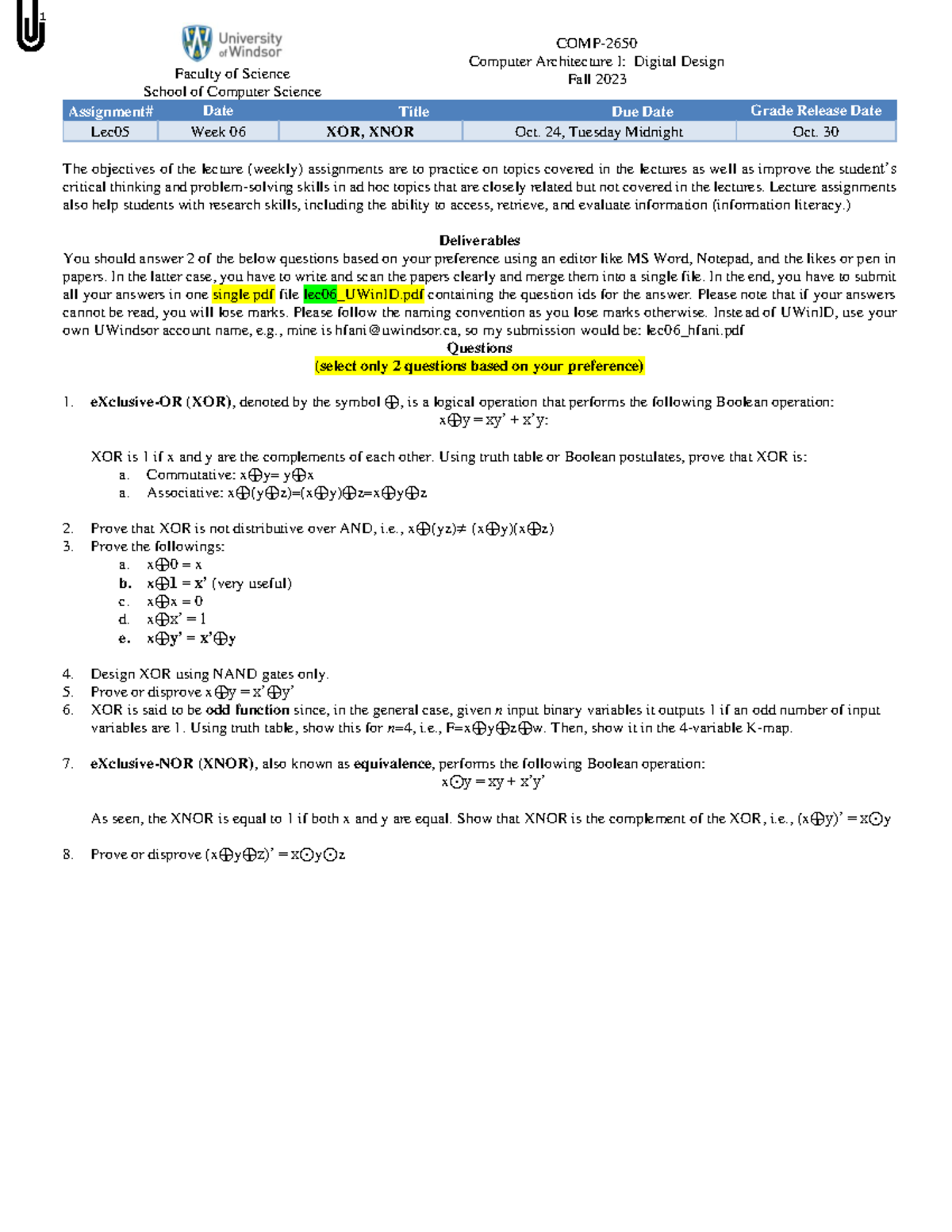 Lec06 Manual - lec assignment - 1 Faculty of Science School of Computer Science COMP- 2650 ...