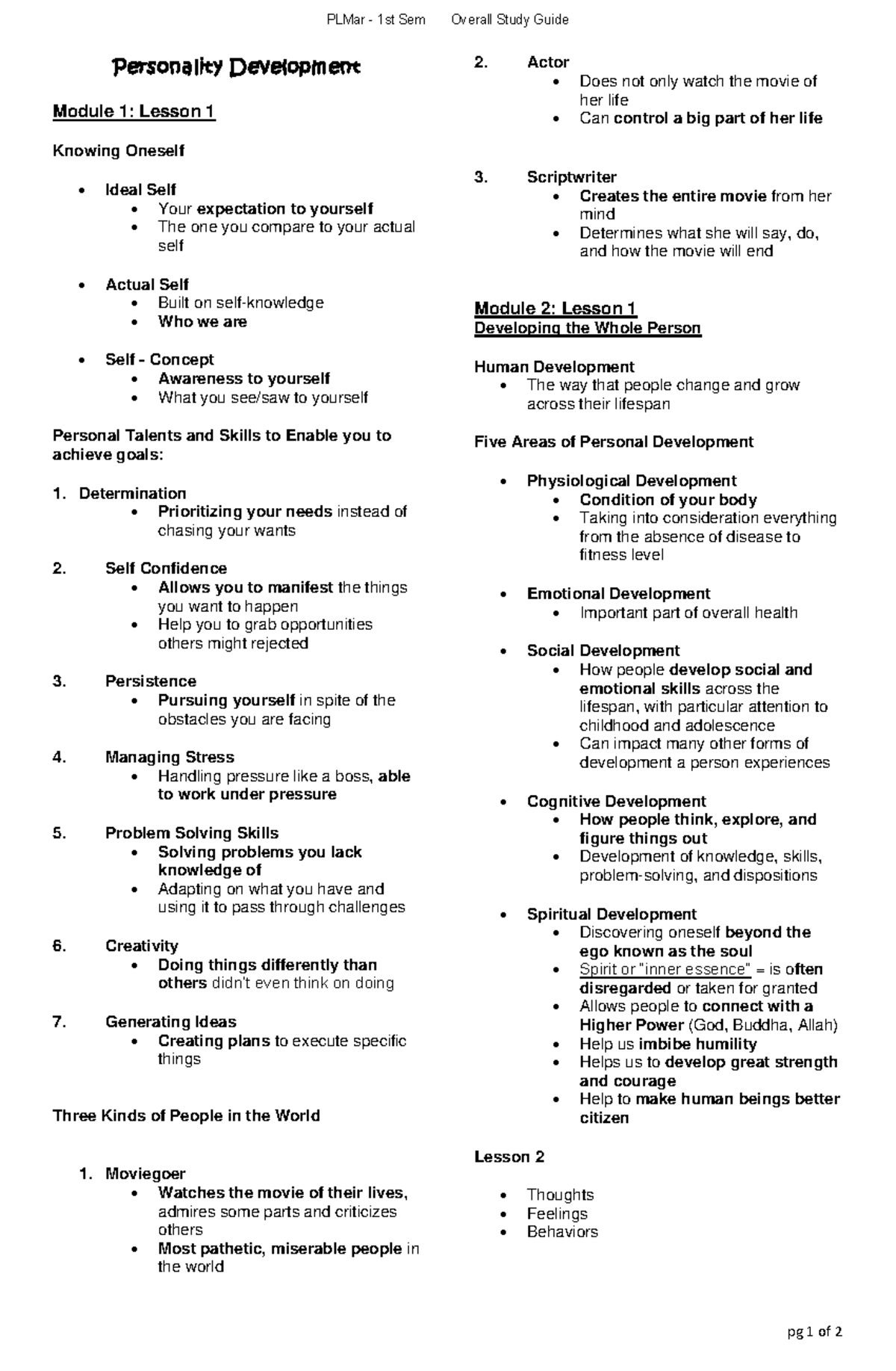 Plmar Personality Development 1st Sem Midterms Overall Study Guide ...