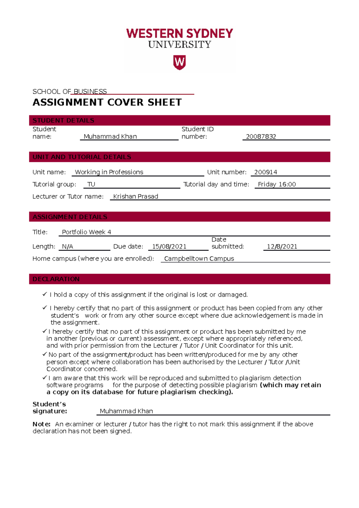 Portfolio 4 - SCHOOL OF BUSINESS ASSIGNMENT COVER SHEET STUDENT DETAILS ...