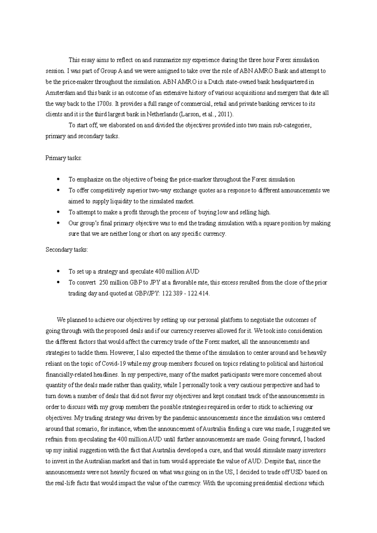 Reflective Essay on Dealing Simulation - Finance - Studocu