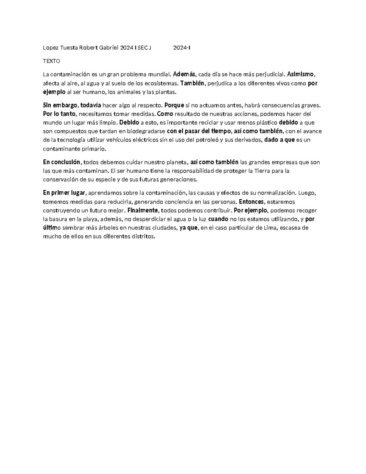 Texto random redacc - Lopez Tuesta Robert Gabriel 2024 I SEC J 2024-I TEXTO La contaminación es ...